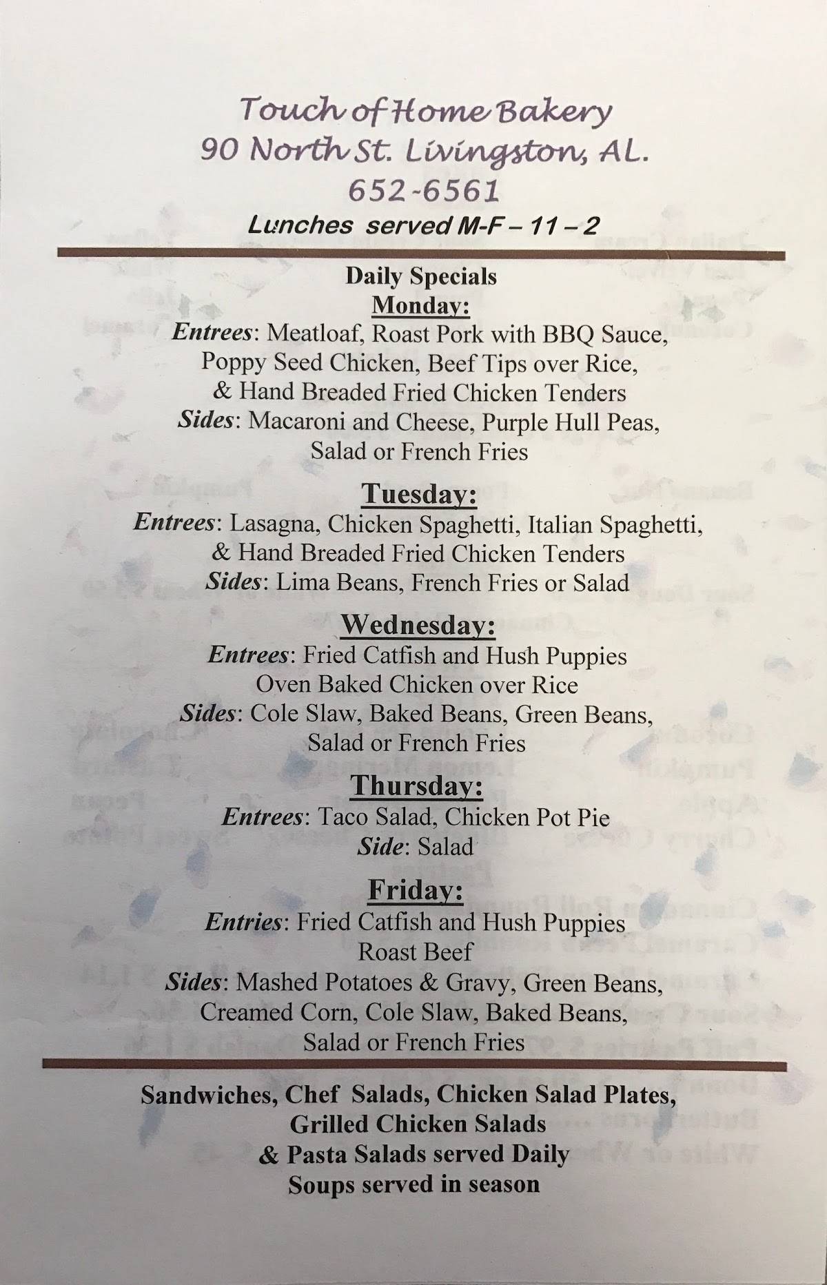 Menu at Touch of Home Bakery, Livingston