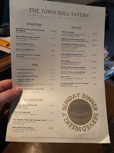 Menu at Town Hall Tavern Manchester pub & bar, Manchester