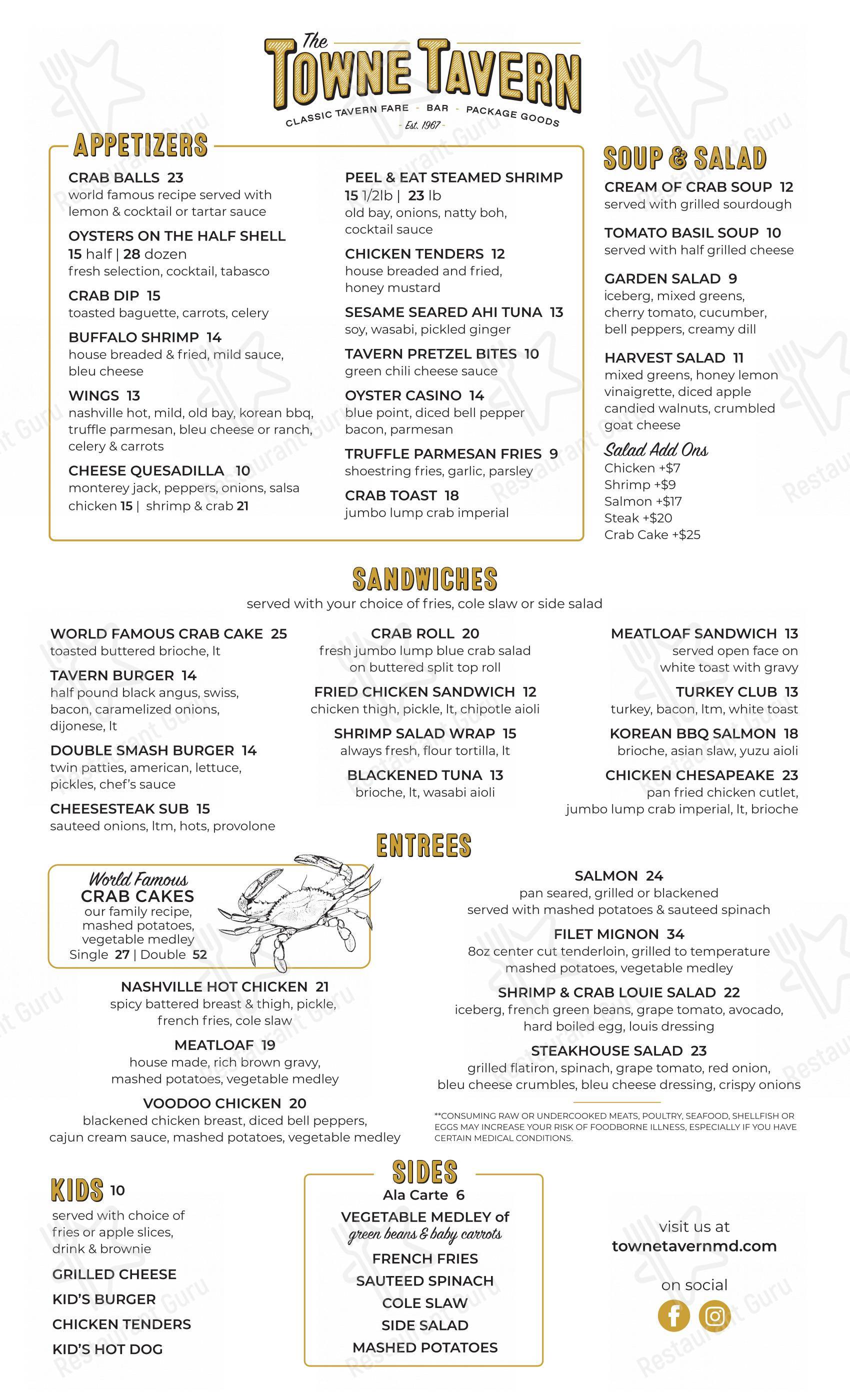 Menu at Towne Tavern & Spirits pub & bar, Cockeysville