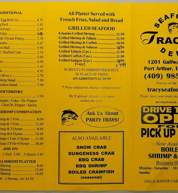 Menu at Tracy's Seafood Deli restaurant, Port Arthur