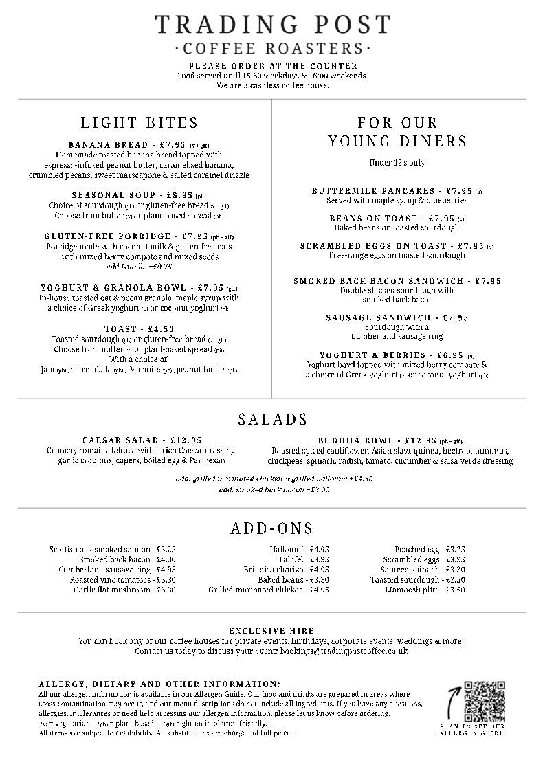Menu at Trading Post Coffee Roasters cafe, Horsham