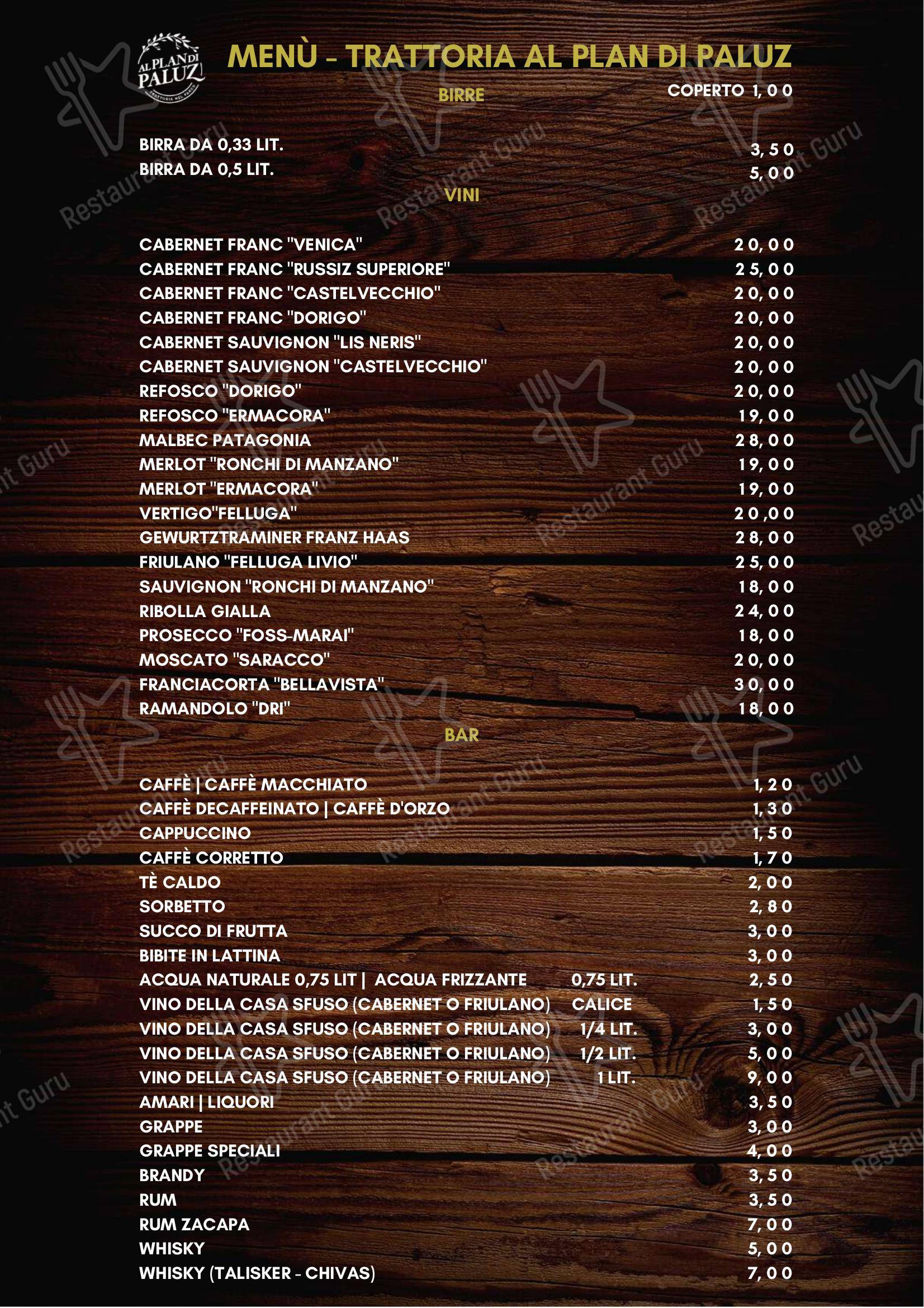 Menu da Trattoria Al Plan di Paluz ristorante, Tarcento