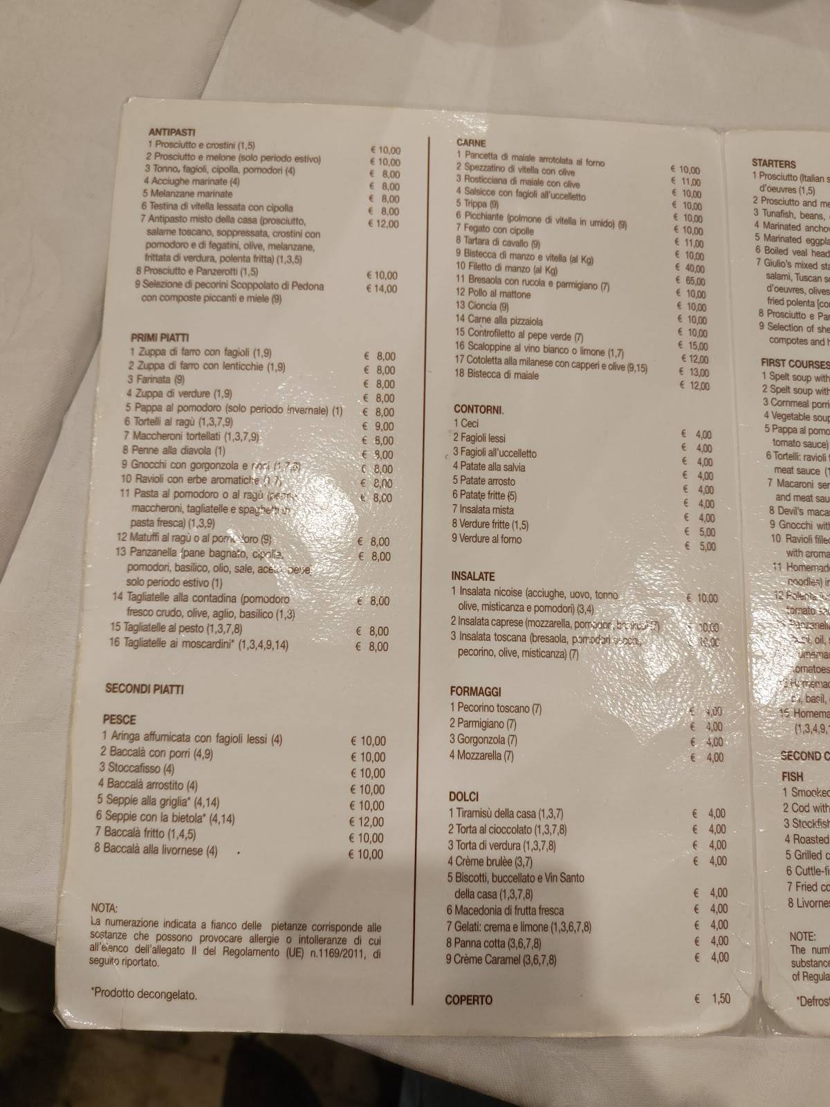 Menu da Trattoria da Giulio ristorante, Lucca, Via delle Conce