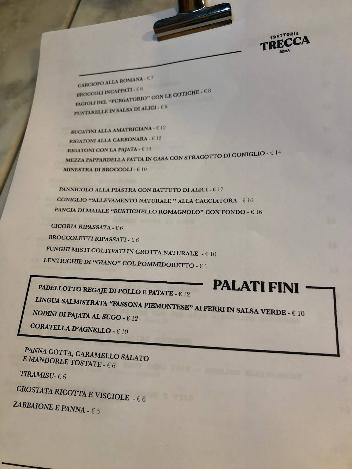Menu at Trecca - Roma restaurant, Rome