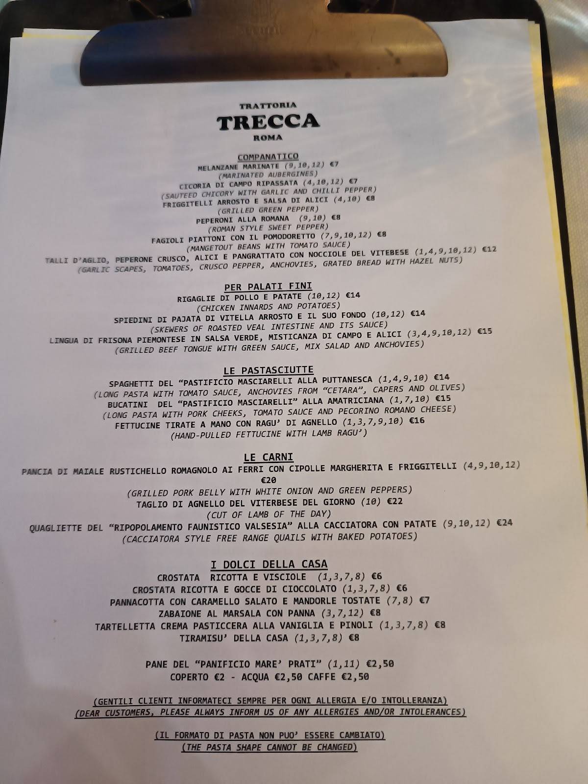 Menu at Trecca - Roma restaurant, Rome