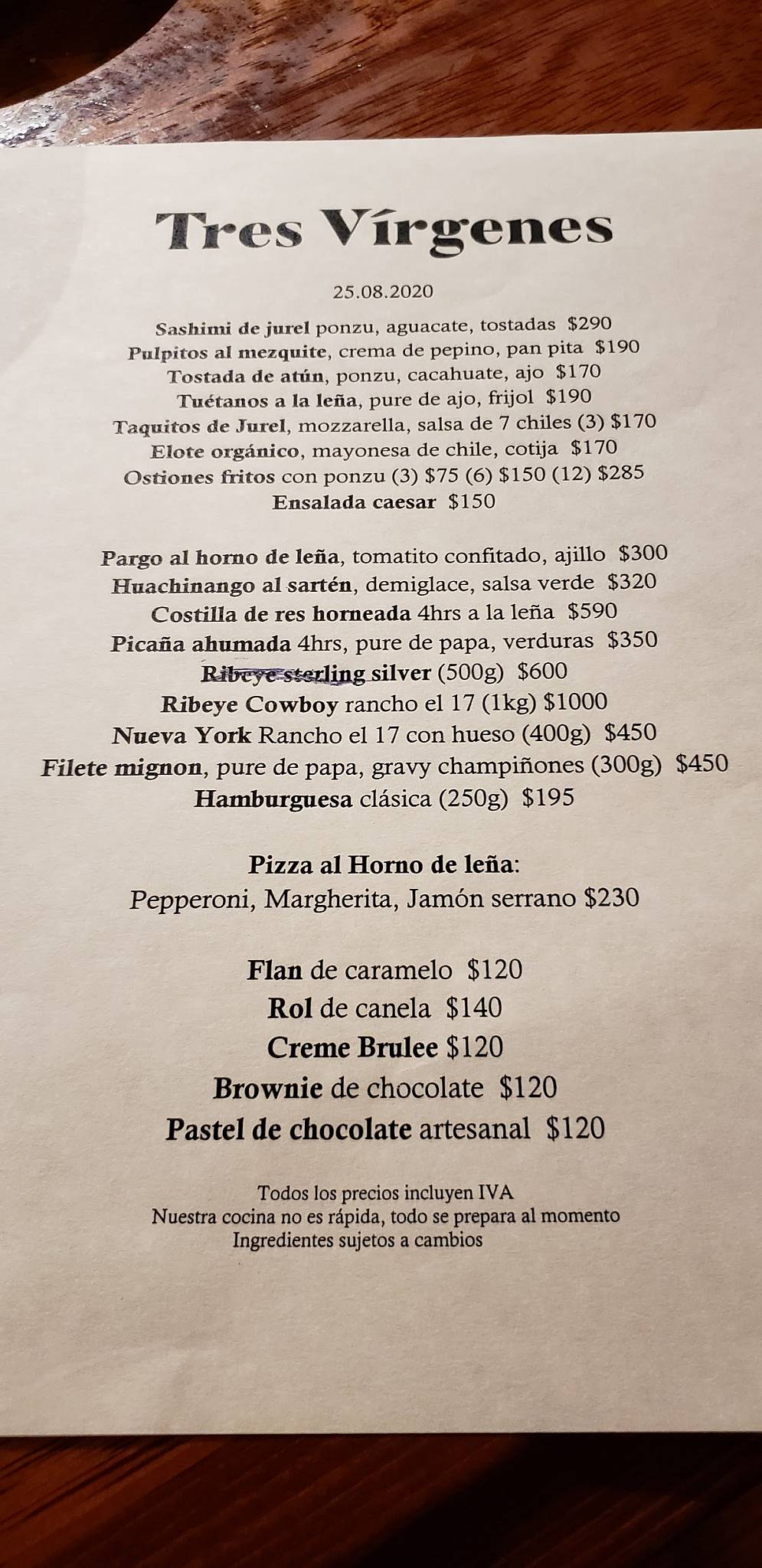 Menu at Tres Virgenes restaurant, La Paz