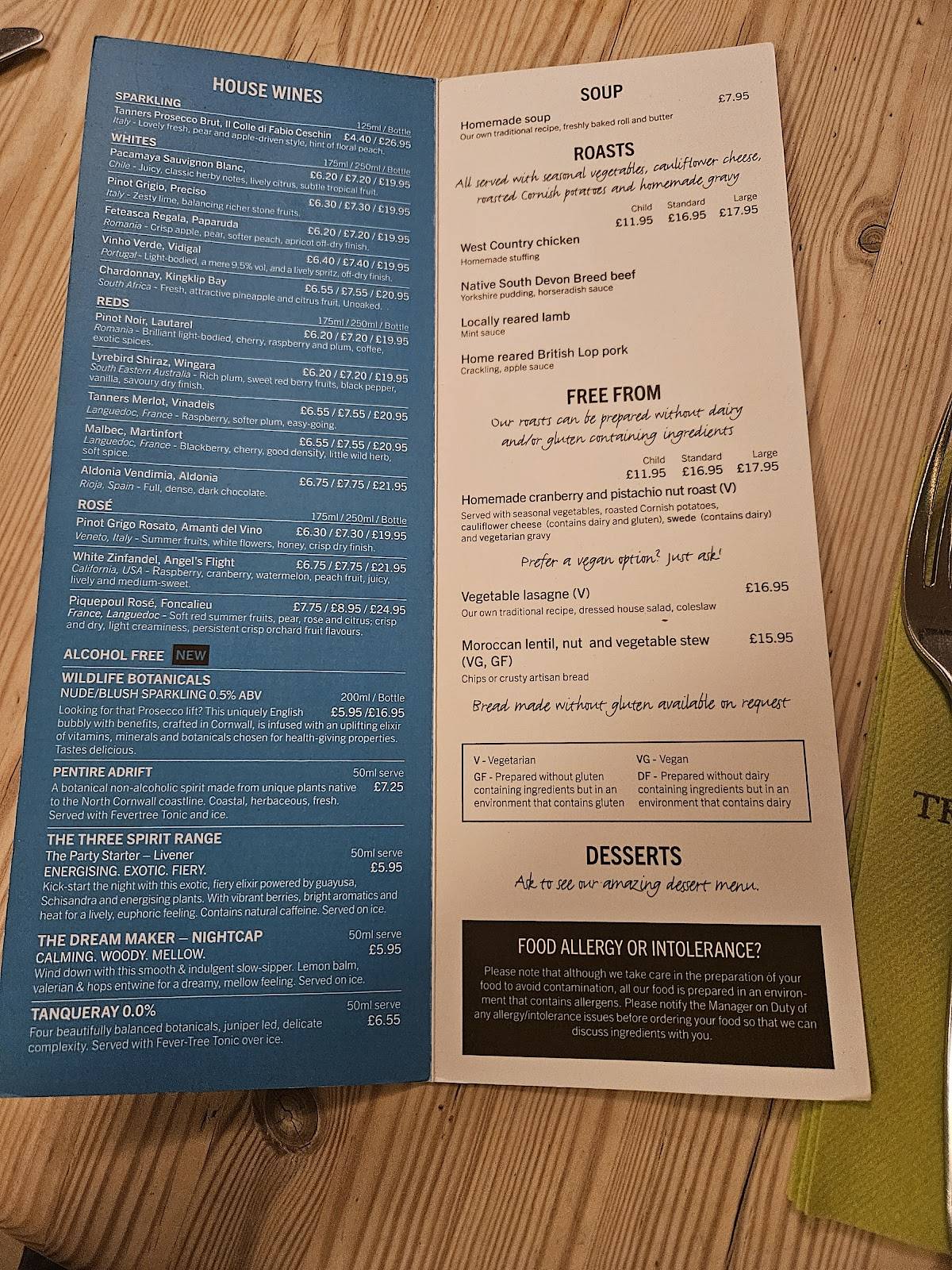 Menu at Trevaskis Farm restaurant, Gwinear-Gwithian