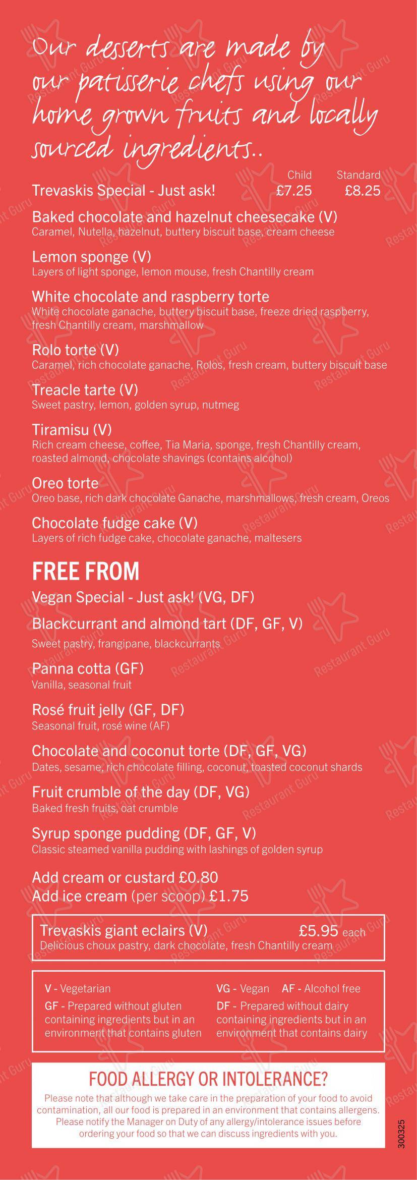 Menu at Trevaskis Farm restaurant, Gwinear-Gwithian