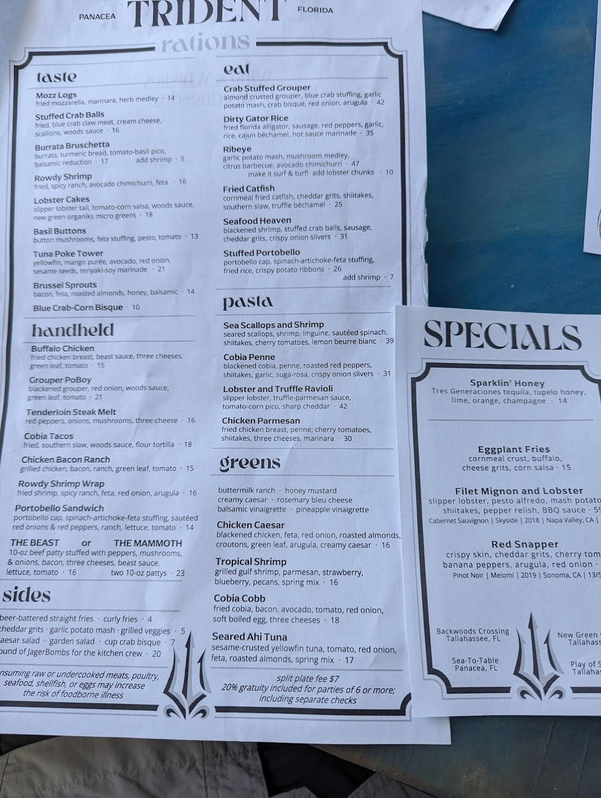 Menu at Trident restaurant, Panacea