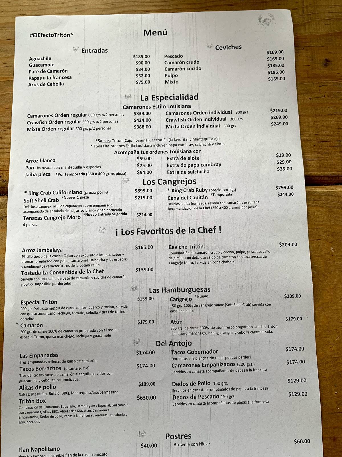 Carta del restaurante Tritón Sea Food, Mazatlán, Constitución 81