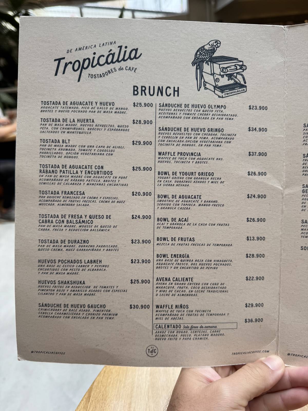Menu at Tropicalia Coffee cafe, Bogotá