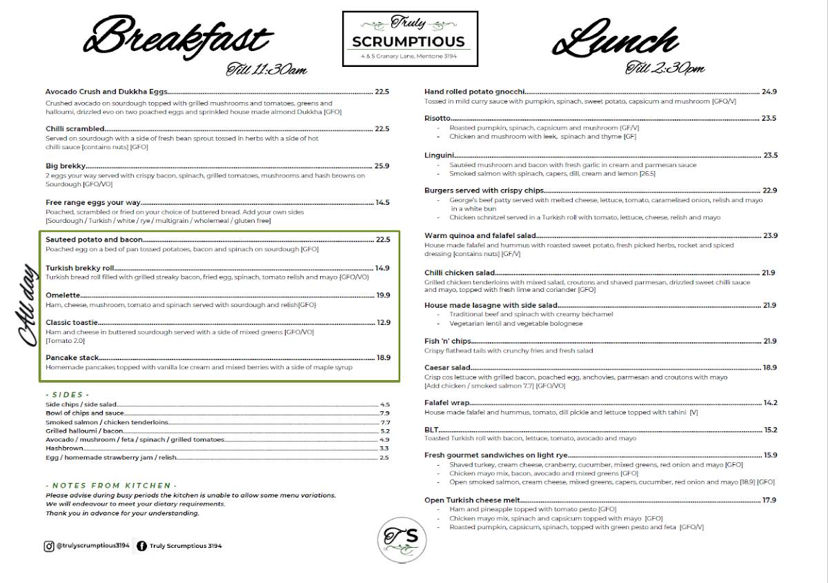 Menu at Truly Scrumptious cafe, Mentone