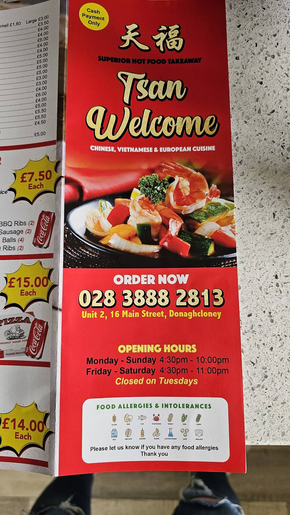 Menu at Tsan Welcome fast food, Donaghcloney