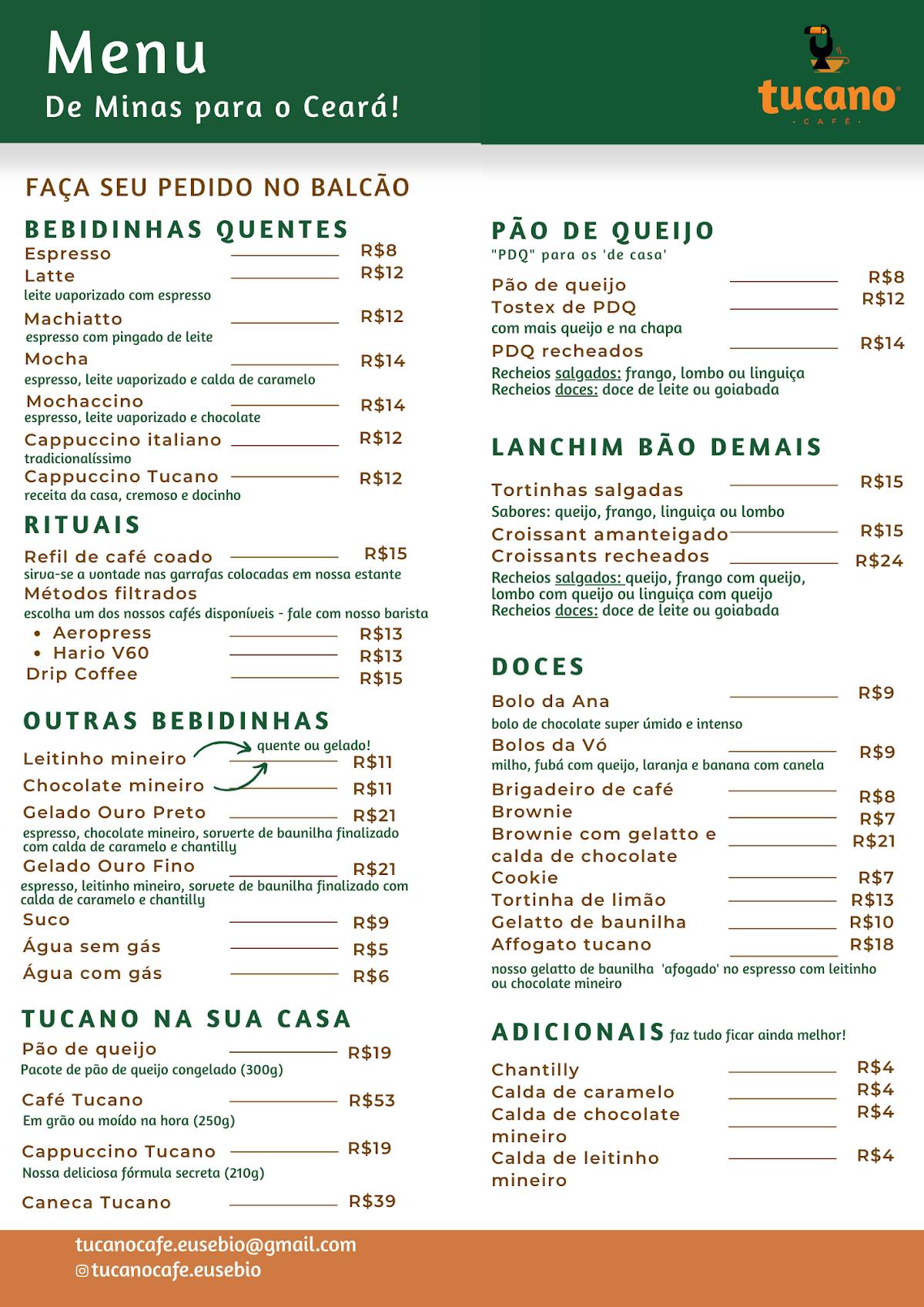 Menu em Tucano Café, Eusébio