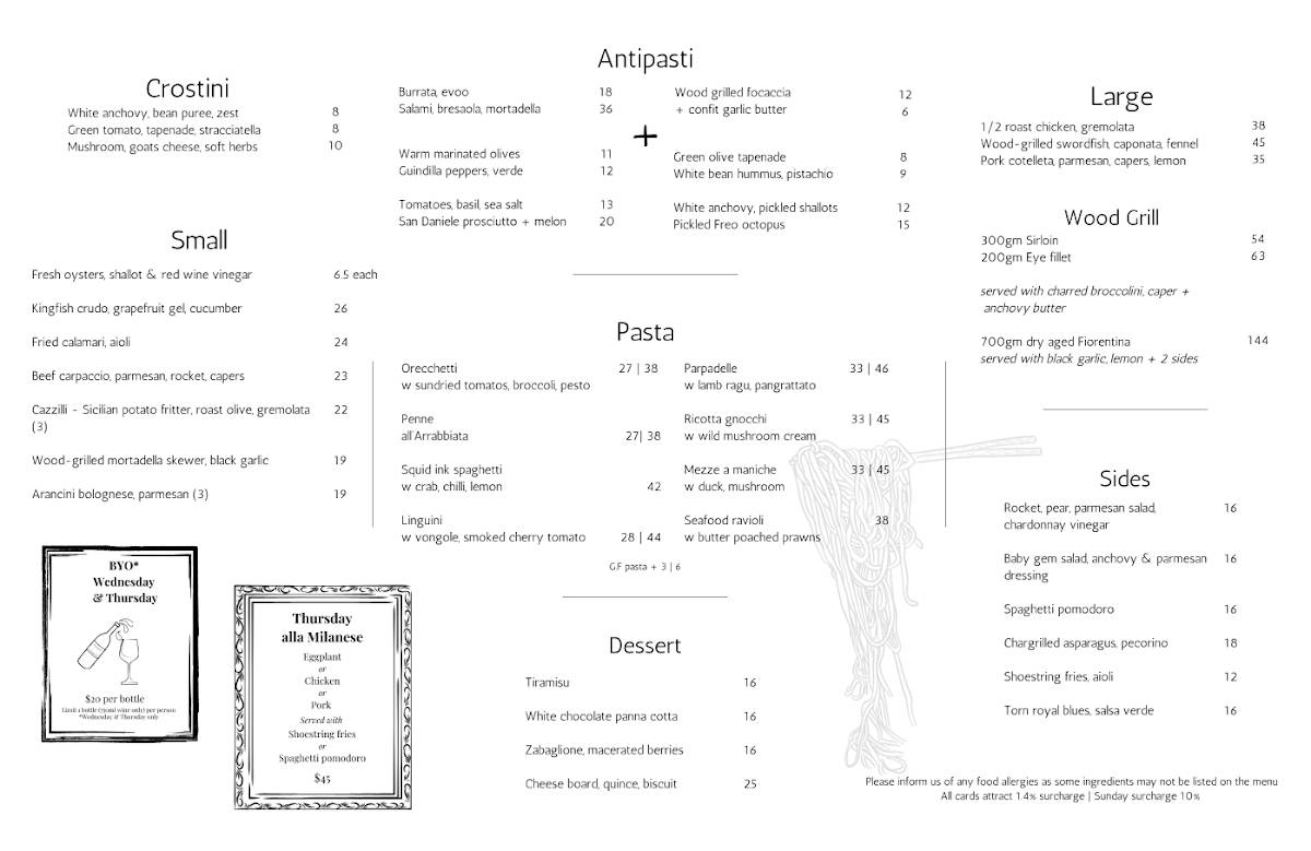 Carta del restaurante Tucci, Applecross