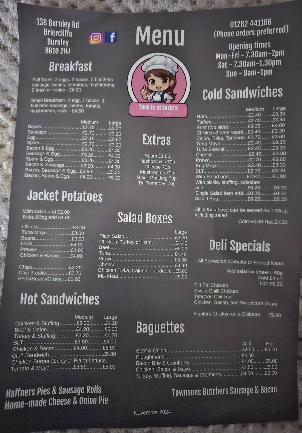 Menu at Tuck In At Suzie’s, Burnley