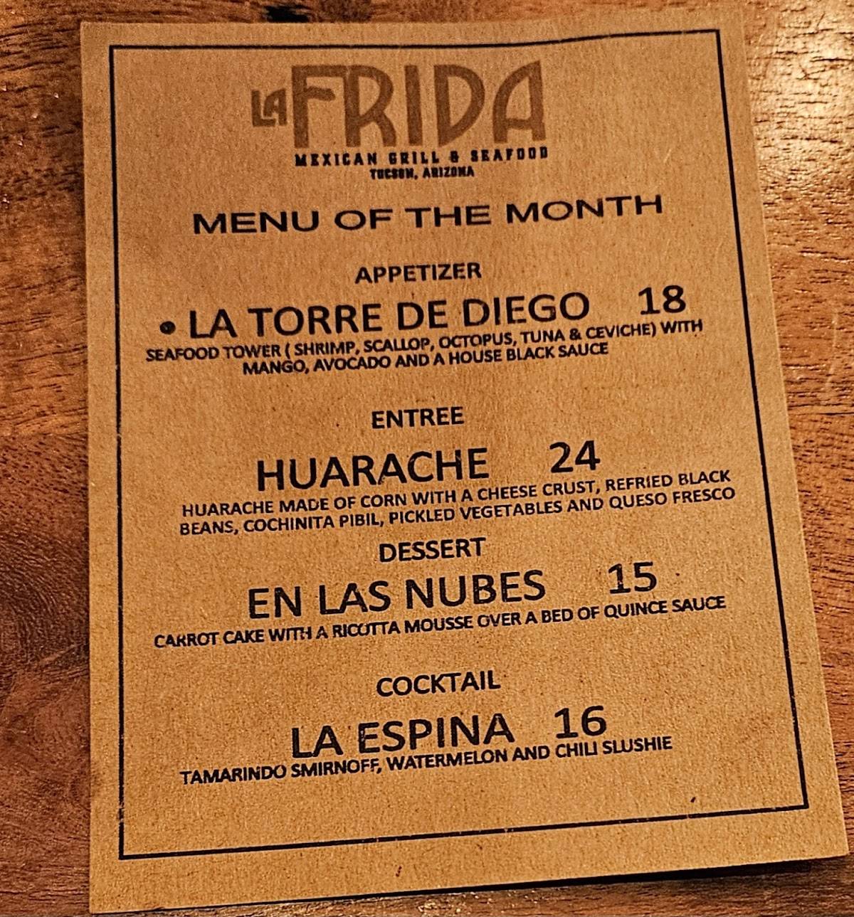Menu at La Frida Mexican Grill & Seafood pub & bar, Tucson