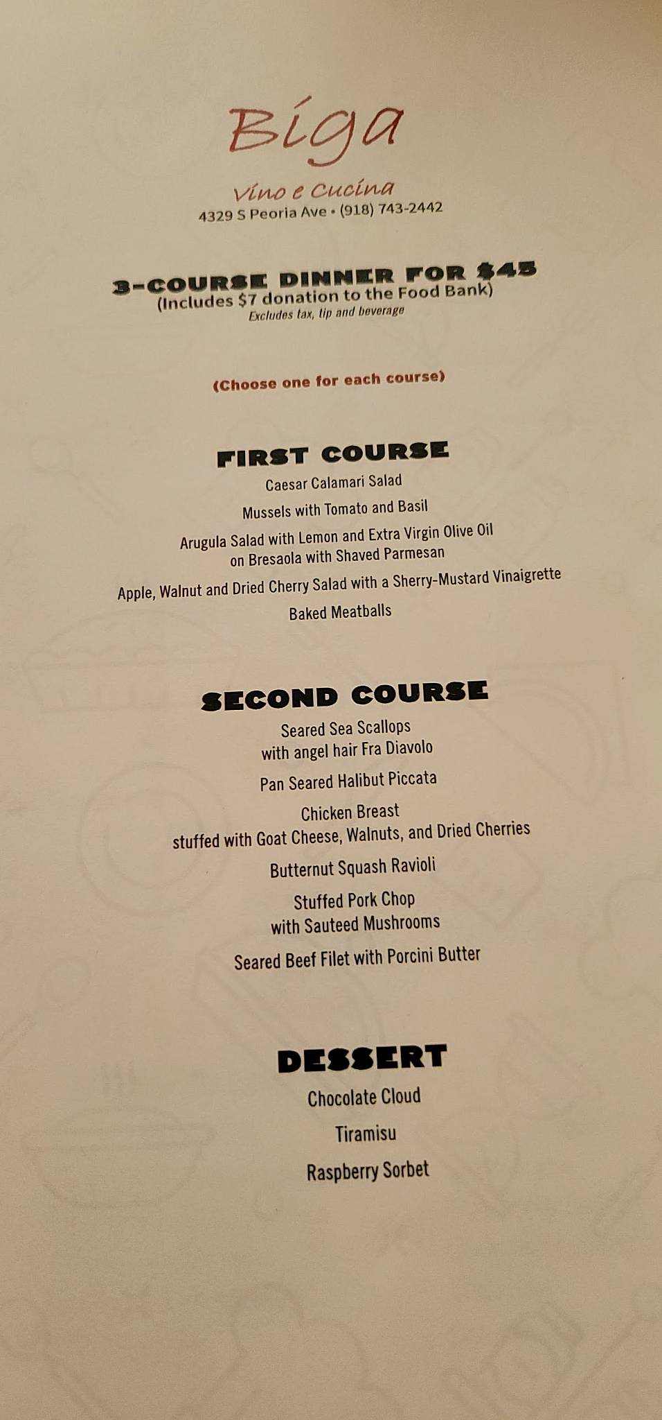 Menu at Biga restaurant, Tulsa
