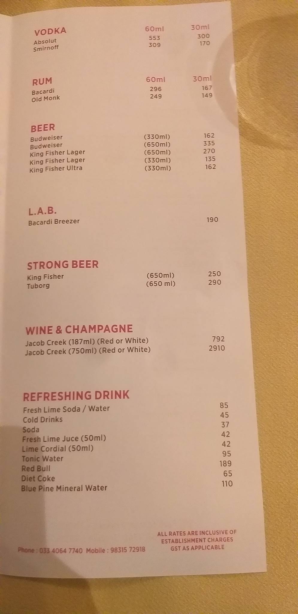 Menu at Tung Fong Restaurant, Kolkata