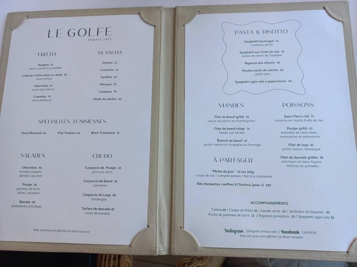 Menu at Le Golfe restaurant, Tunis