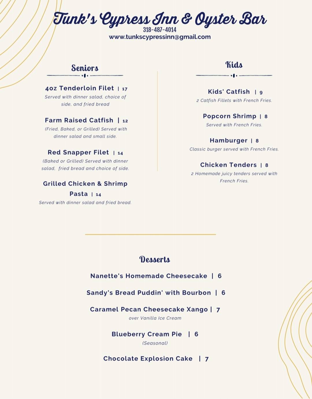 Menu at Tunk's Cypress Inn restaurant, Alexandria, LA-28