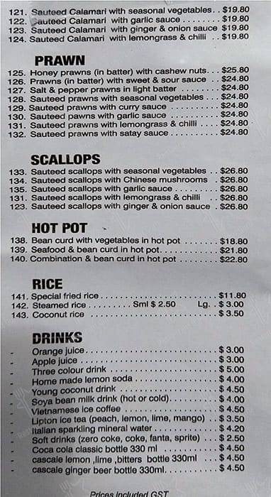 Menu at Tuong Long Vietnamese restaurant, Surrey Hills