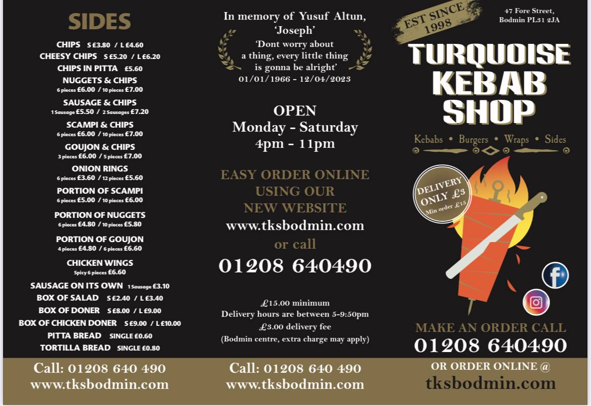 Menu at Turquoise Kebab Shop fast food, Bodmin