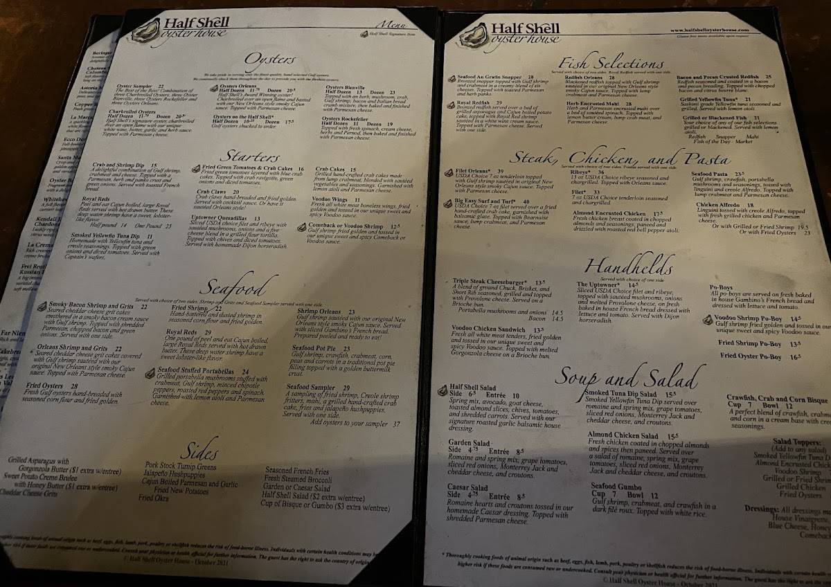 Menu at Half Shell Oyster House restaurant, Tuscaloosa