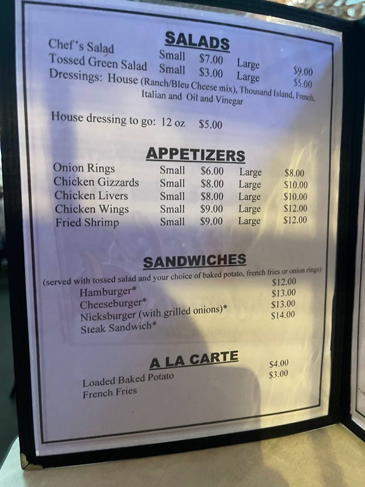 Menu at Nick's Original Filet House steakhouse, Tuscaloosa