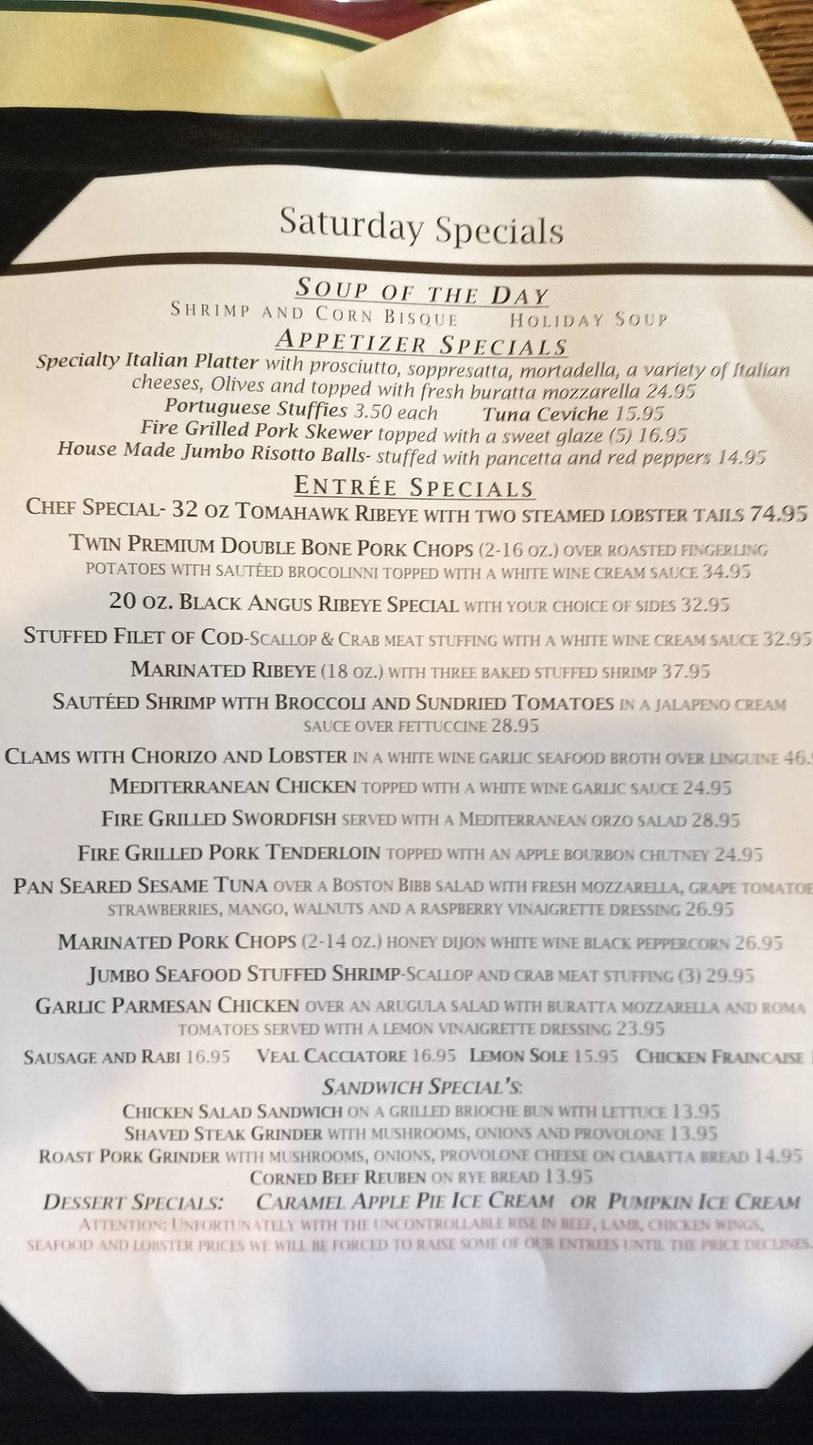 Menu at Twin Oaks Restaurant, Cranston