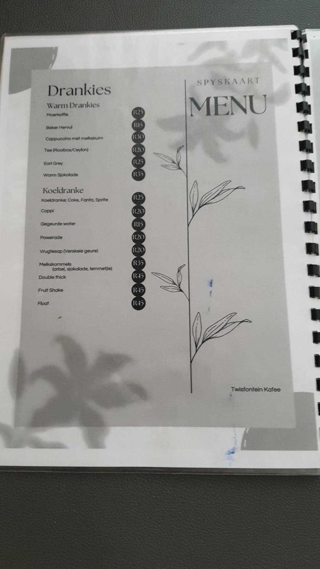 Menu at Twisfontein Kafee cafe, Vredenburg