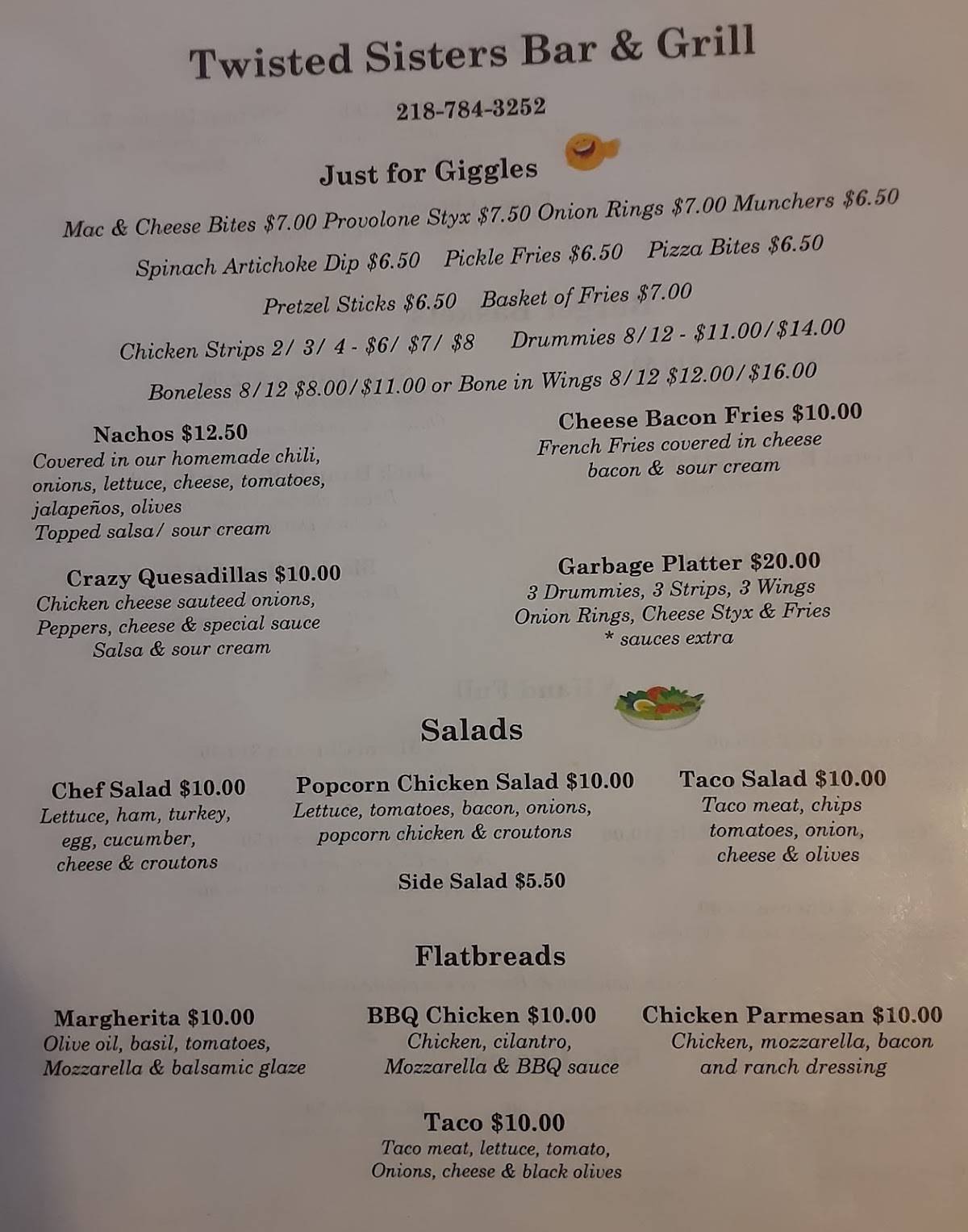 Menu at Twisted Sisters at Pub 21, Ada
