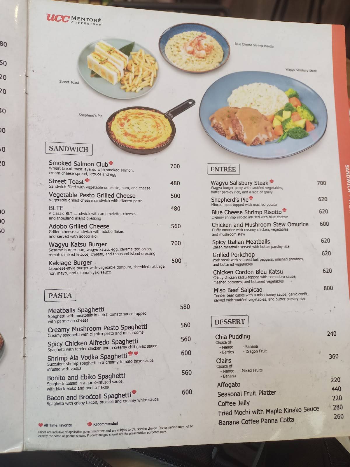 Menu at UCC Mentore Ayala cafe, Makati, Ayala Center