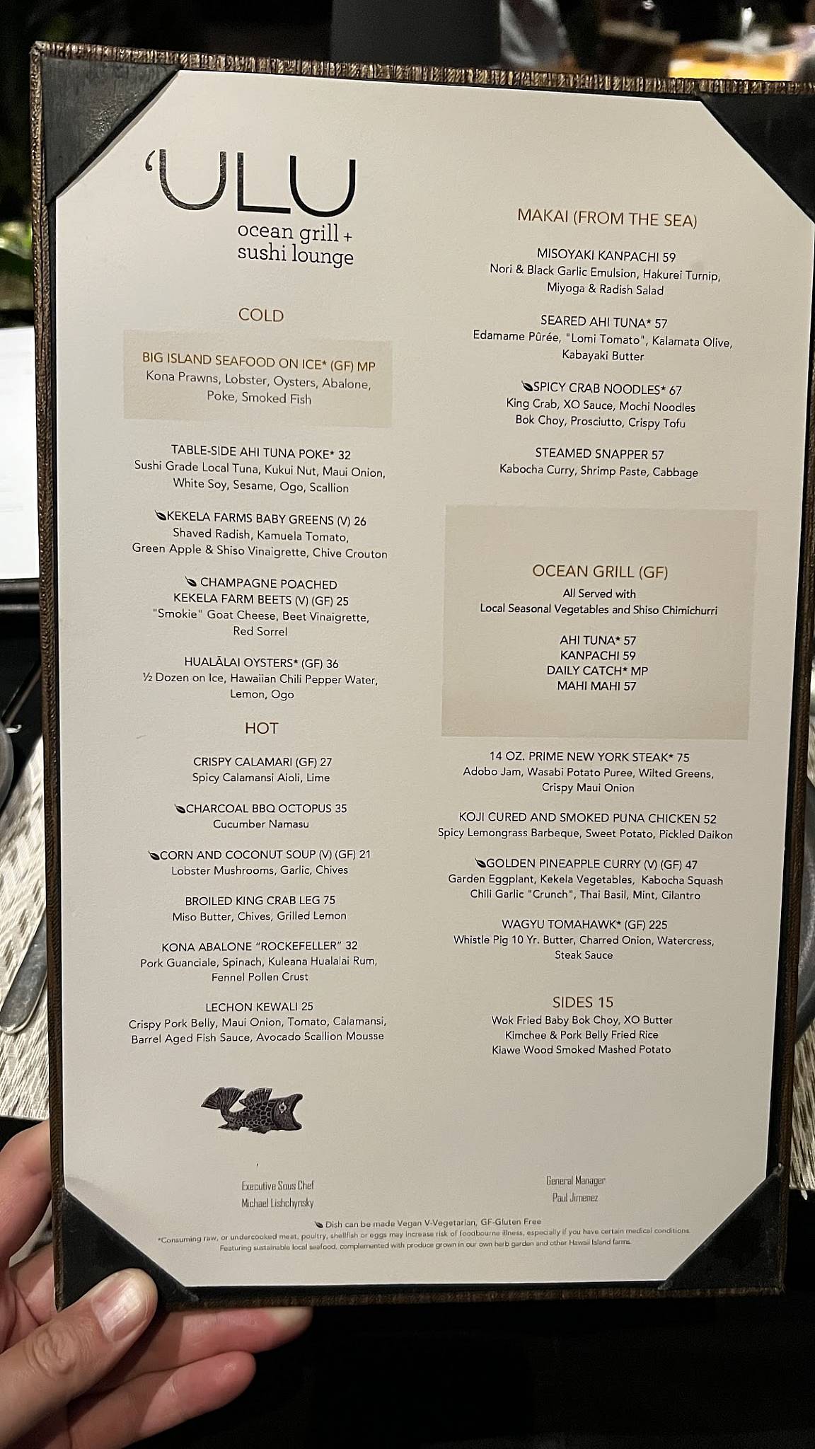 Menu at ULU restaurant, Kalaoa