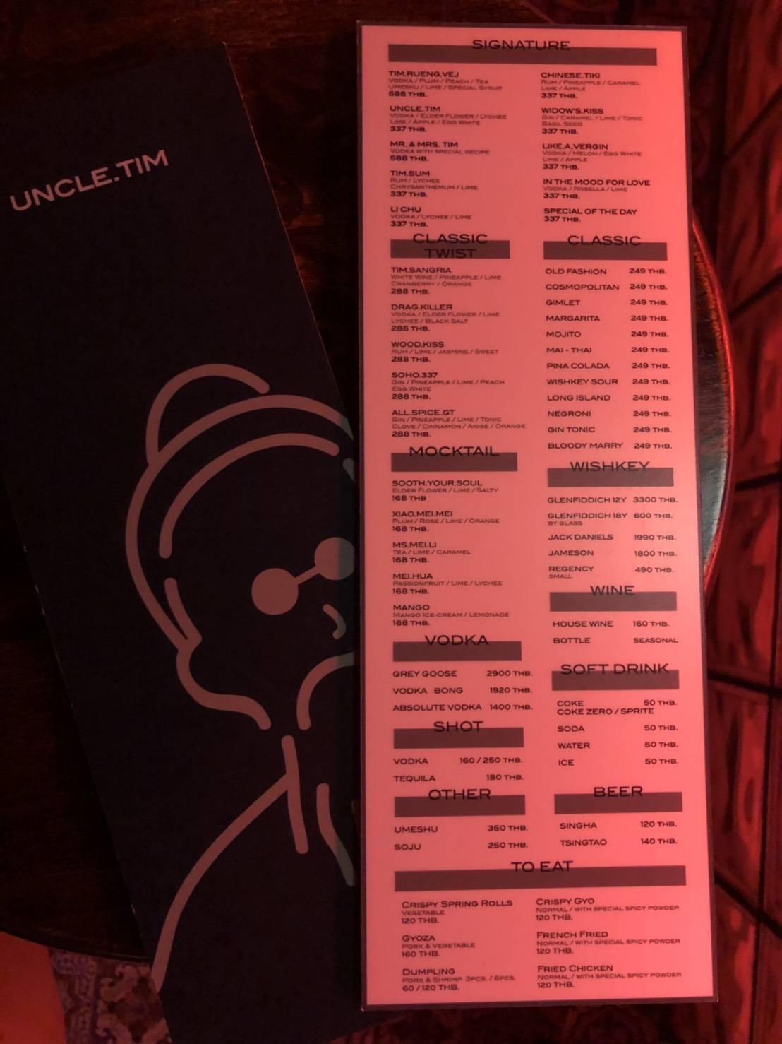 Menu at UNCLE TIM pub & bar, Bangkok