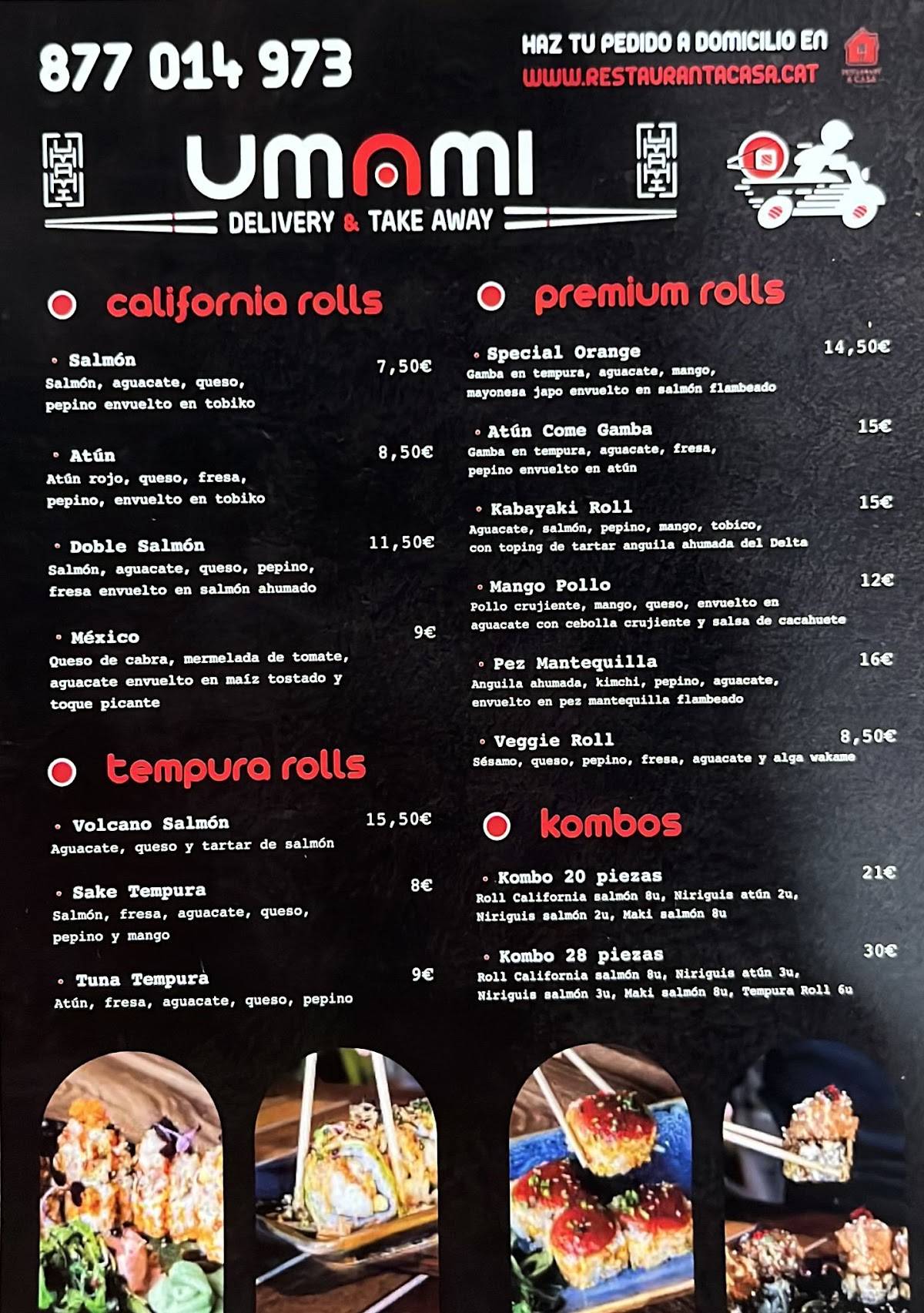 Carta del restaurante Umami sushi, Vilaseca