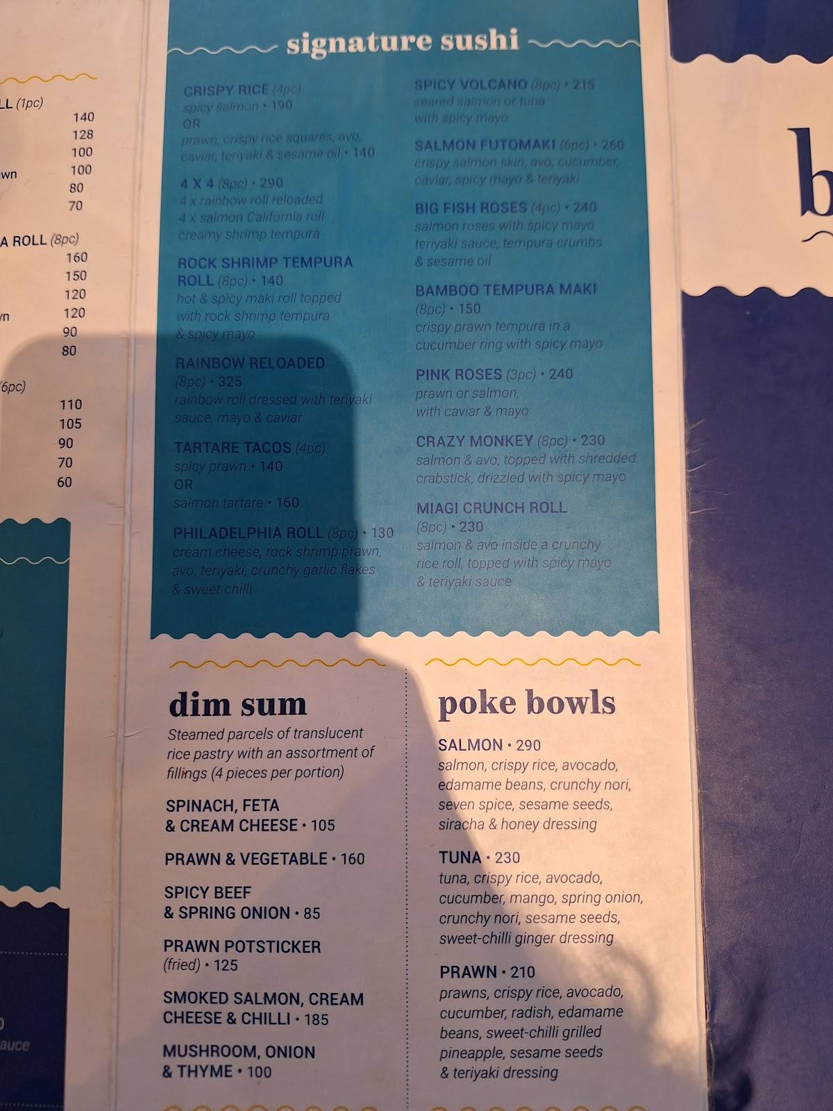Menu at Big Fish restaurant, Umhlanga