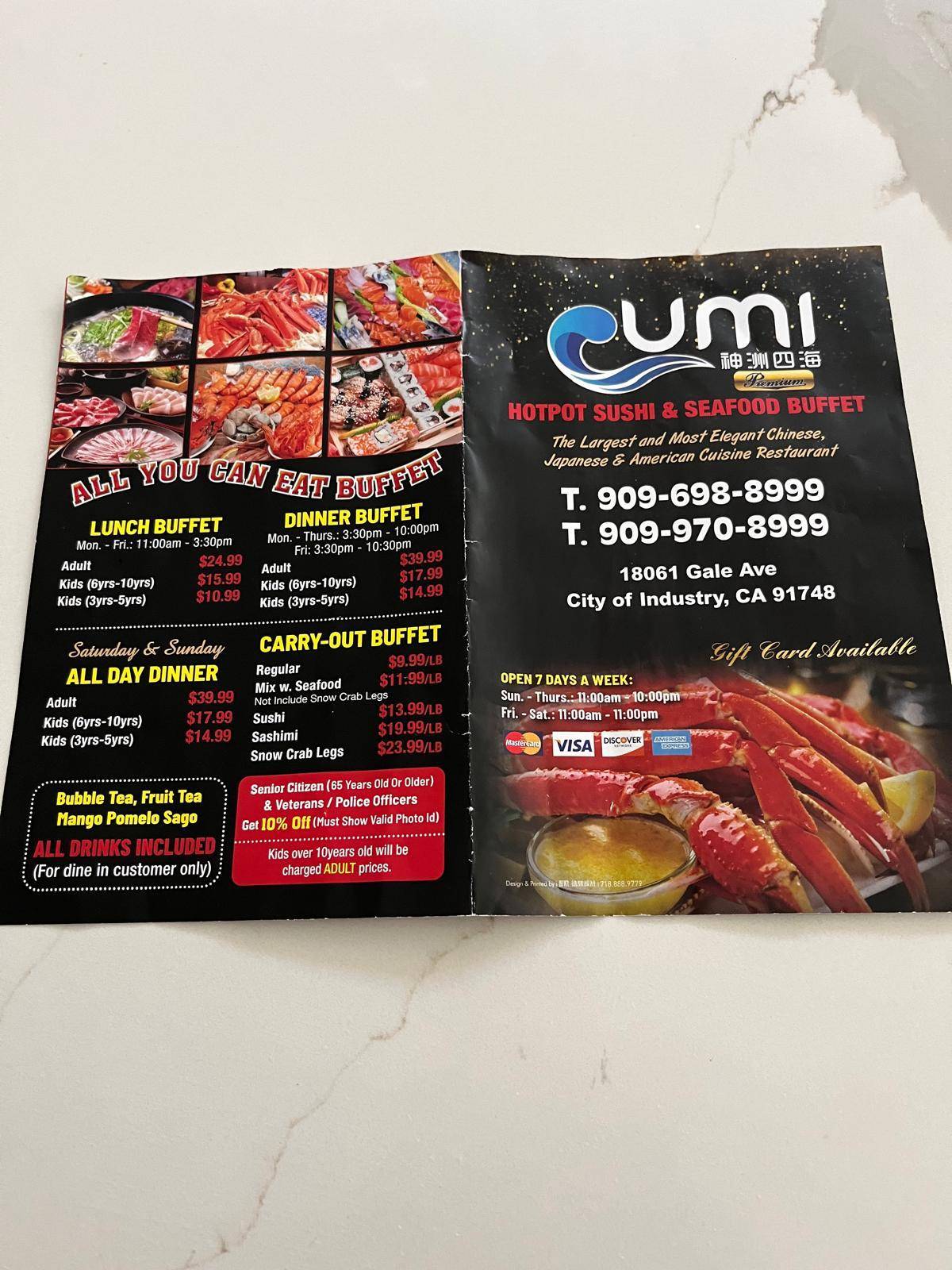Menu at Umi Hotpot Sushi & Seafood Buffet restaurant, City of Industry