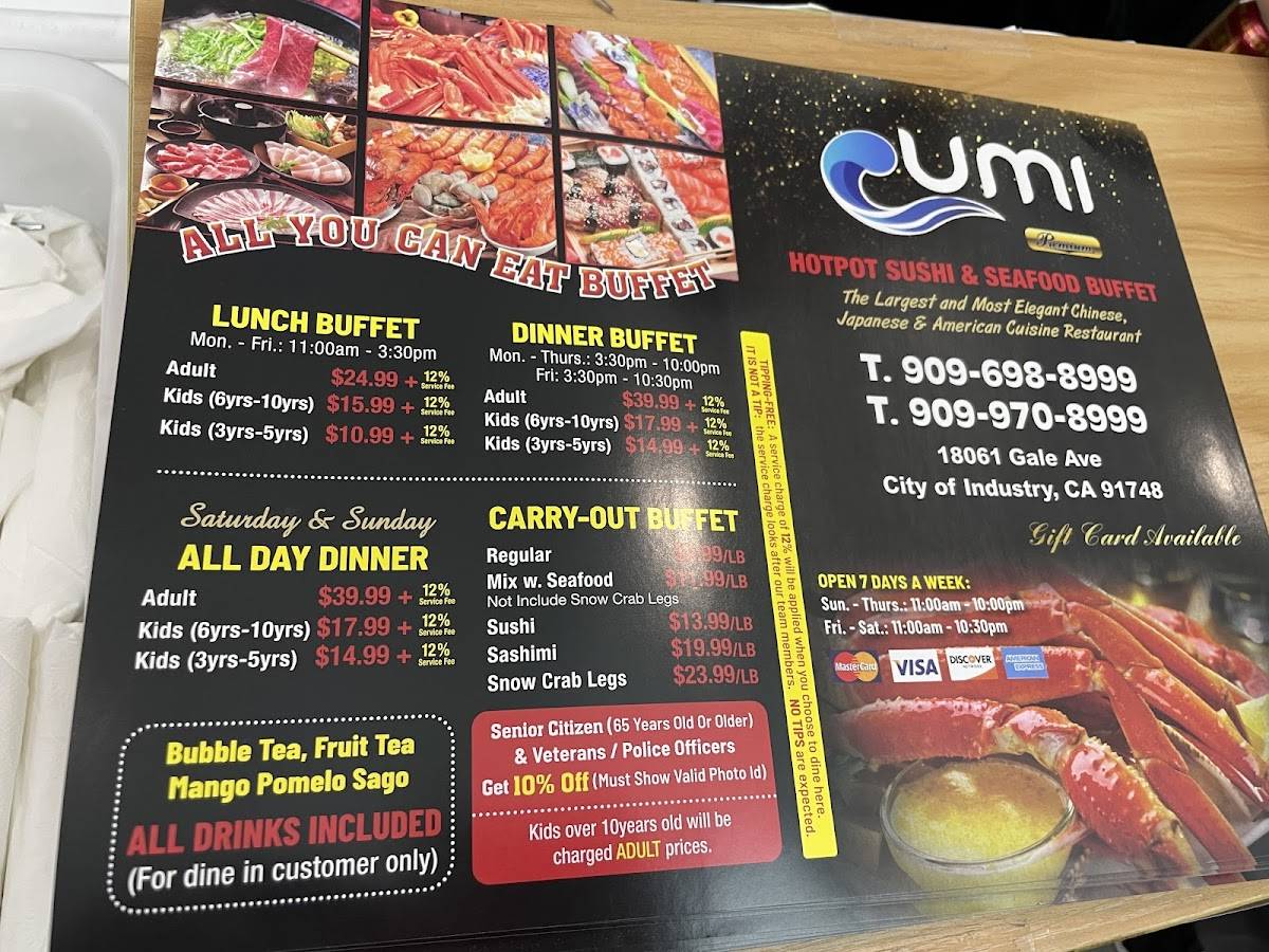 Menu at Umi Hotpot Sushi & Seafood Buffet restaurant, City of Industry