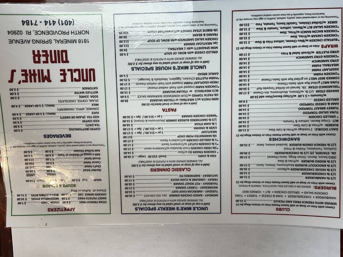 Menu at Uncle Mike’s Diner restaurant, North Providence