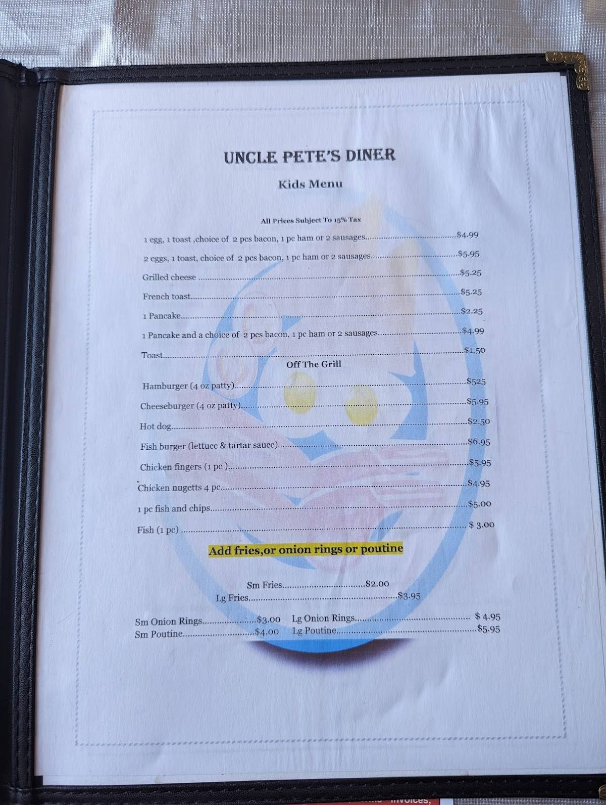 Menu at Uncle Petes Diner restaurant, Canada