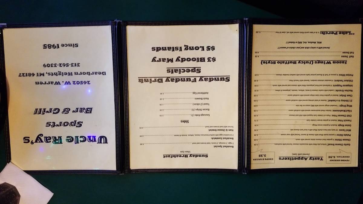 Menu at Uncle Ray's Place pub & bar, Dearborn Heights