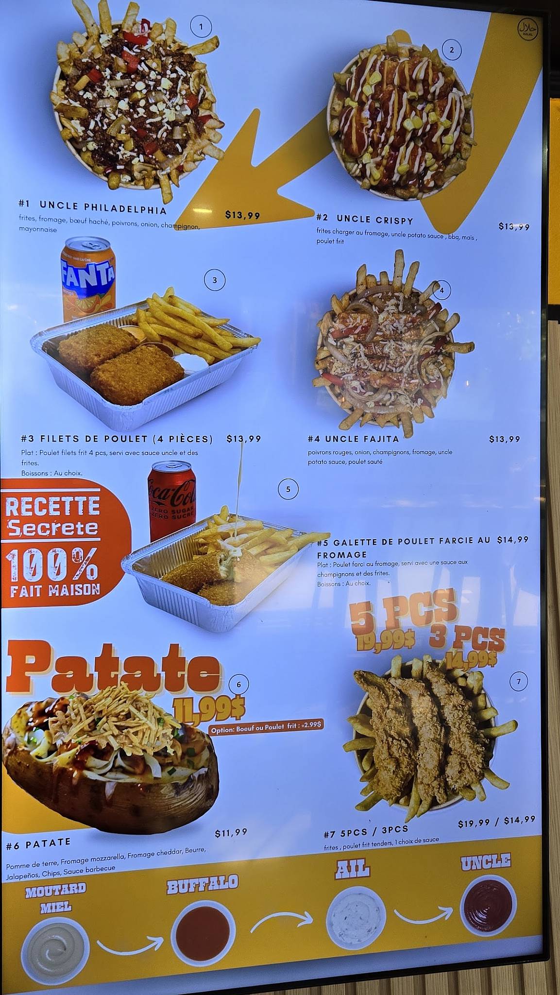Menu at Unclepotato fast food, Montréal