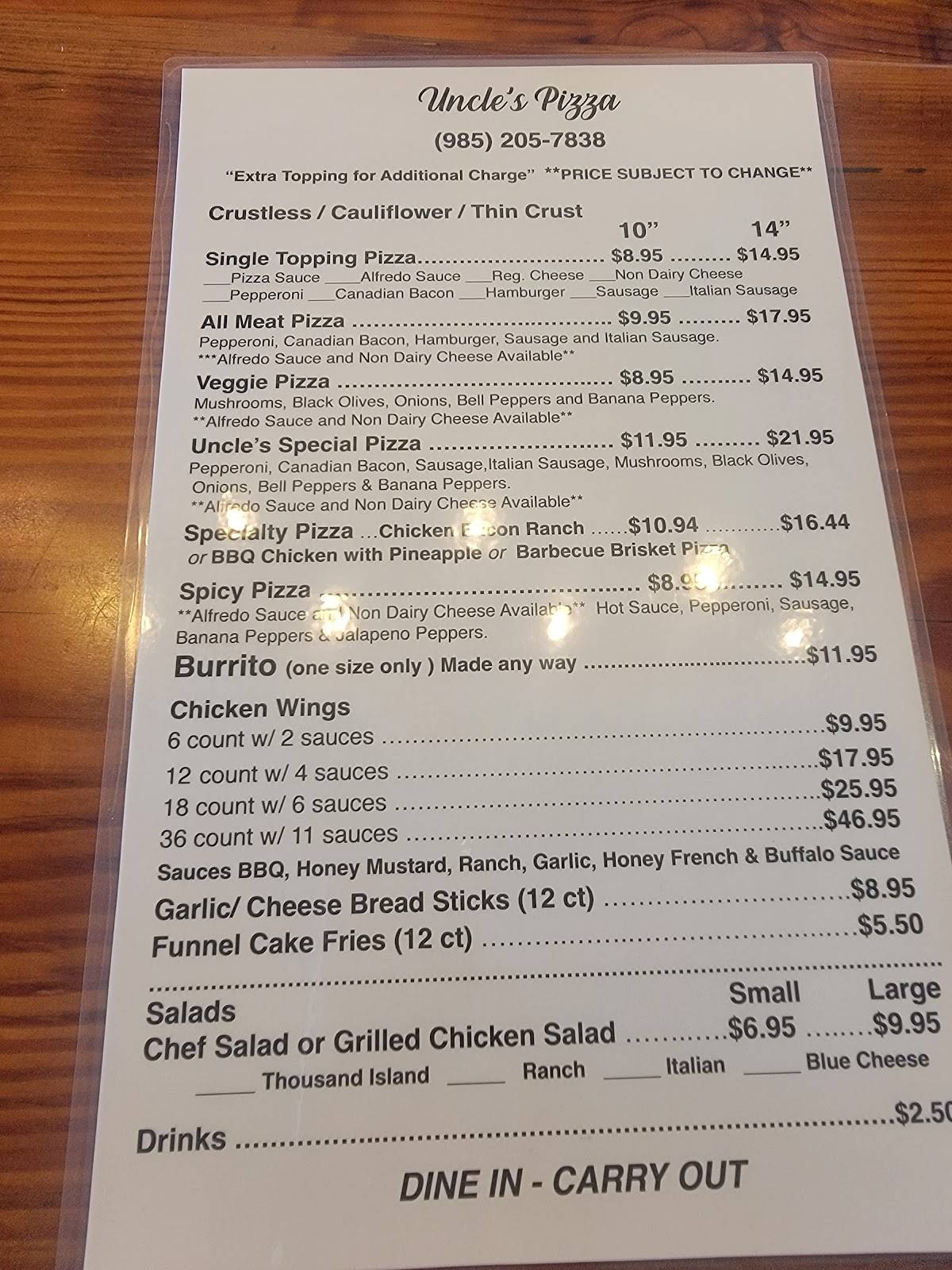 Menu at Uncle’s Pizza and Marketplace restaurant, Bogalusa