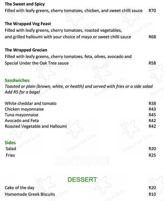 Menu at Under The Oak Tree cafe, Johannesburg