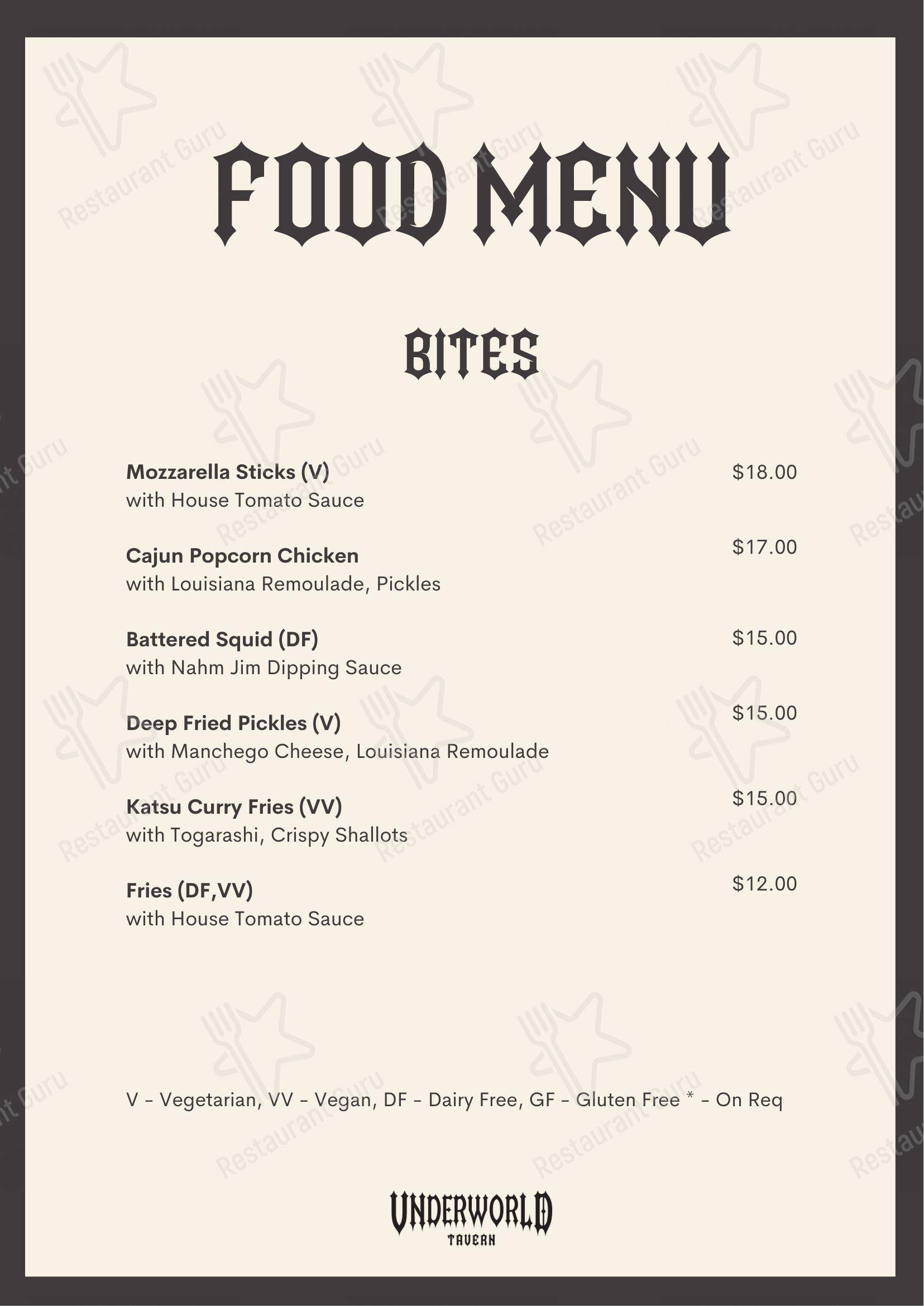 Menu at Underworld Tavern pub & bar, Wellington