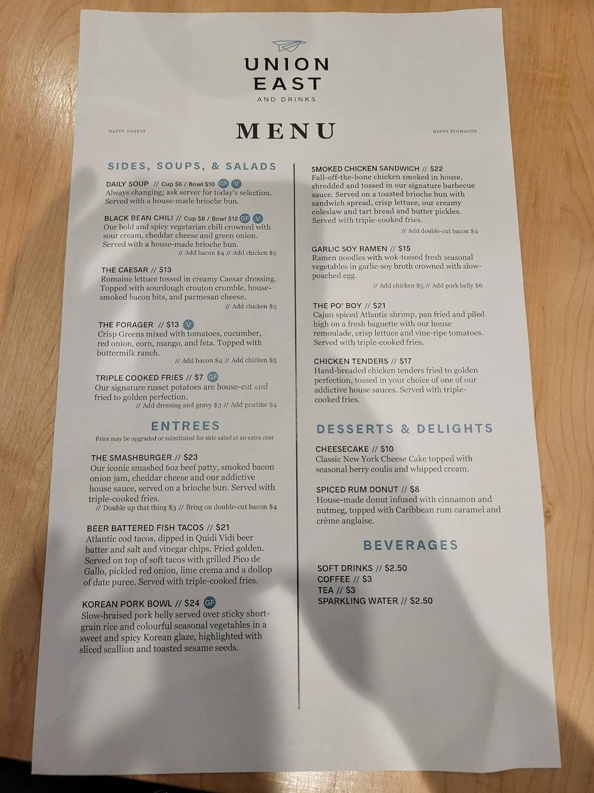 Menu at Union East & Drinks restaurant, Gander