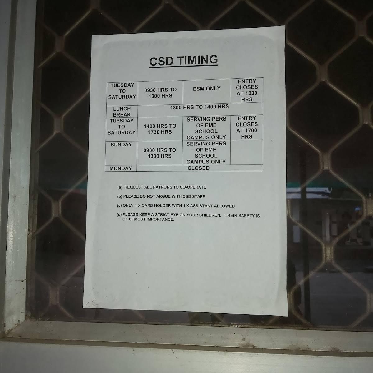 Menu at Unit Run Canteen, EME School, Vadodara
