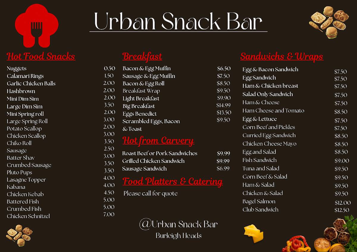 Menu at Urban Snack Bar Burleigh, Burleigh Heads