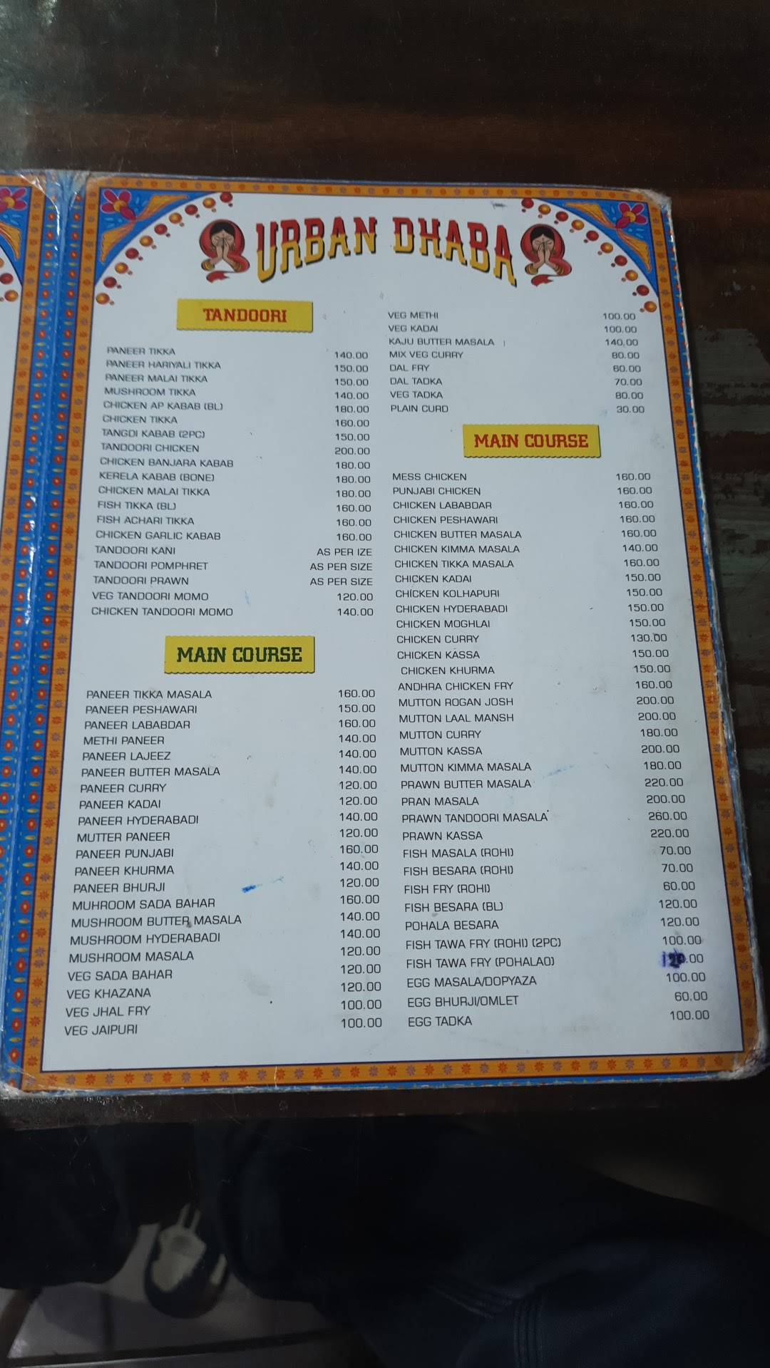Menu at Urban Dhaba, Mandsaur